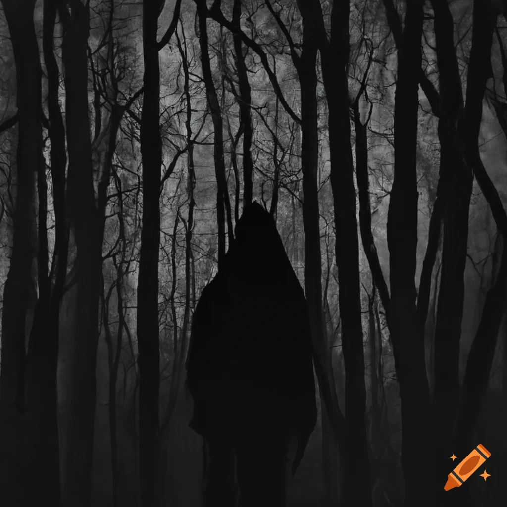 A spooky silhouetted, hooded figure in a dark forest on Craiyon