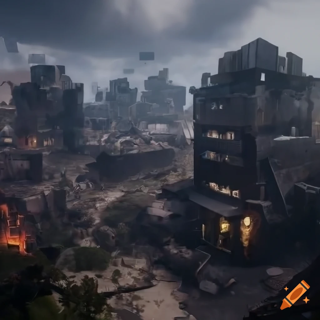 Unreal engine 5 aerial view of battle of destroyed suburb with sci-fi ...
