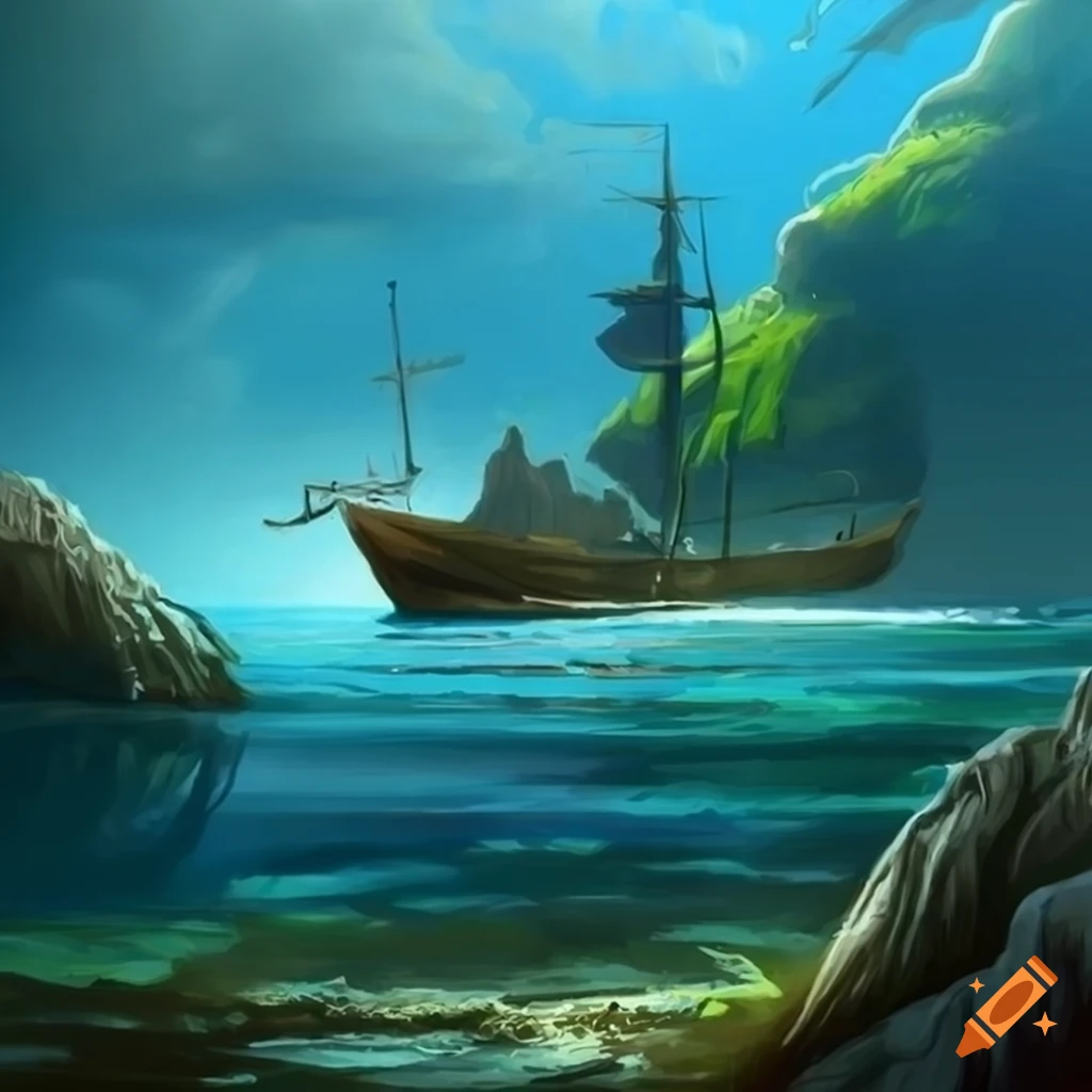 Fishing boat on the ocean islands fantasy art