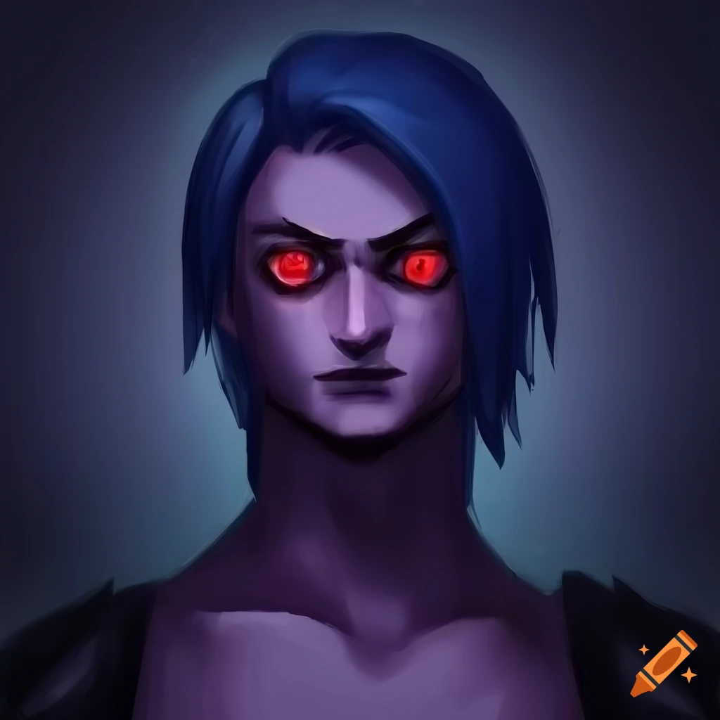 A pale adult male with greyish skin, red eyes, long bright blue hair ...