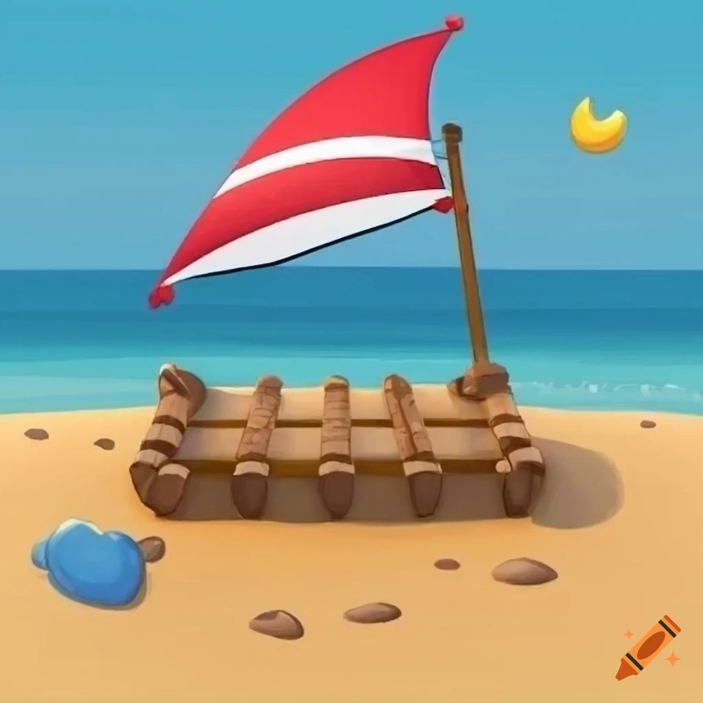 A wooden plank raft with a sail on a beach in a cartoon rendering on ...