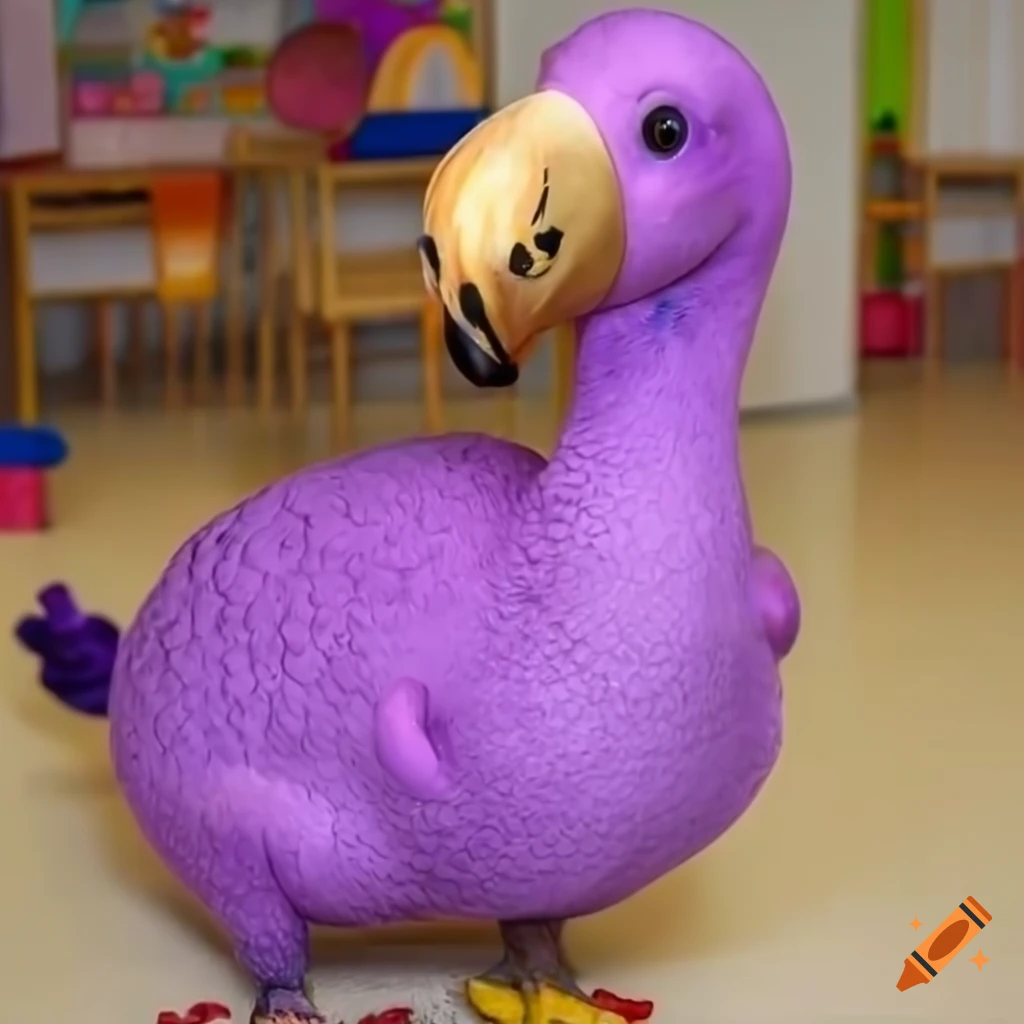 Big pink dodo with a long neck and bulgy black eyes and yellow beak ...