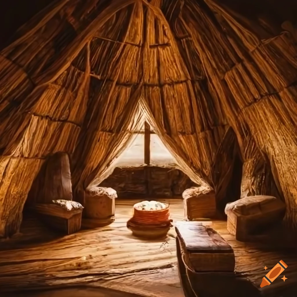 Inside of luxurious thatched roof hut, high definition on Craiyon