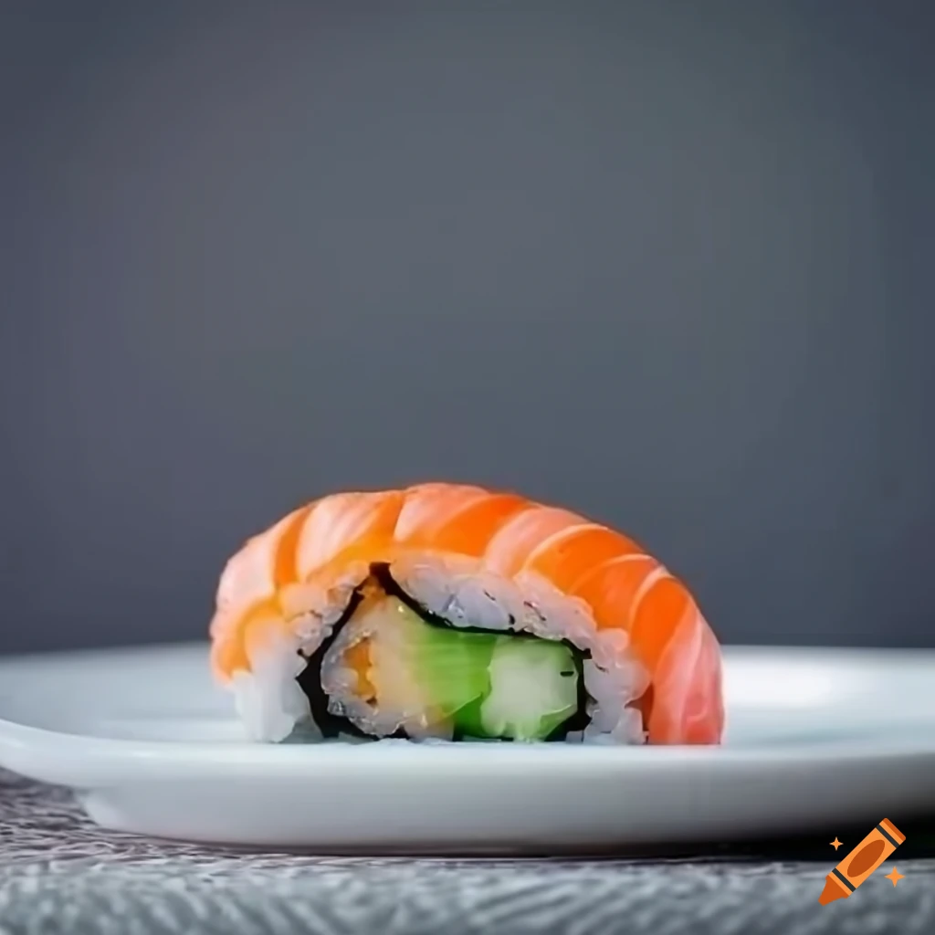 Single sushi roll in a white plate on a white background