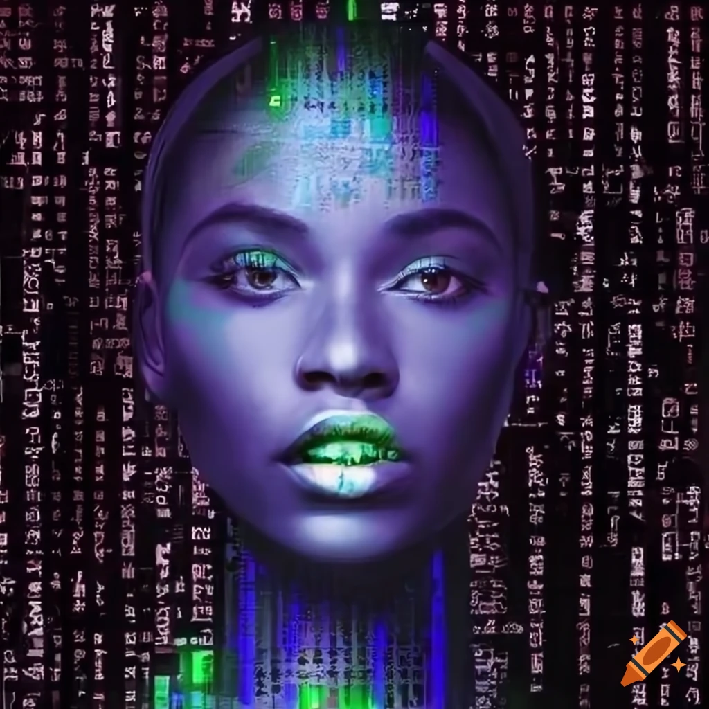 Black woman's face with a digital matrix overlay, futuristic concept on ...