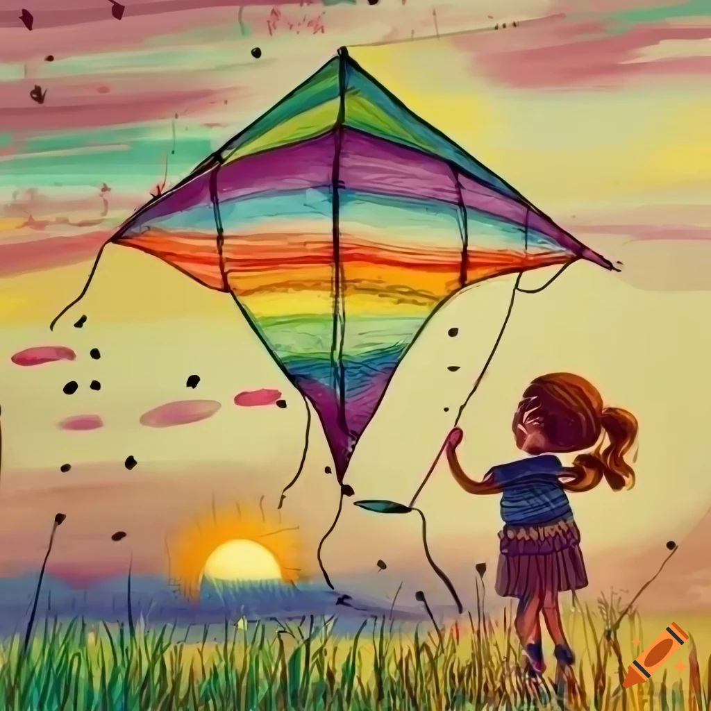 Childrens book illustration of children flying a kite in the meadow at ...