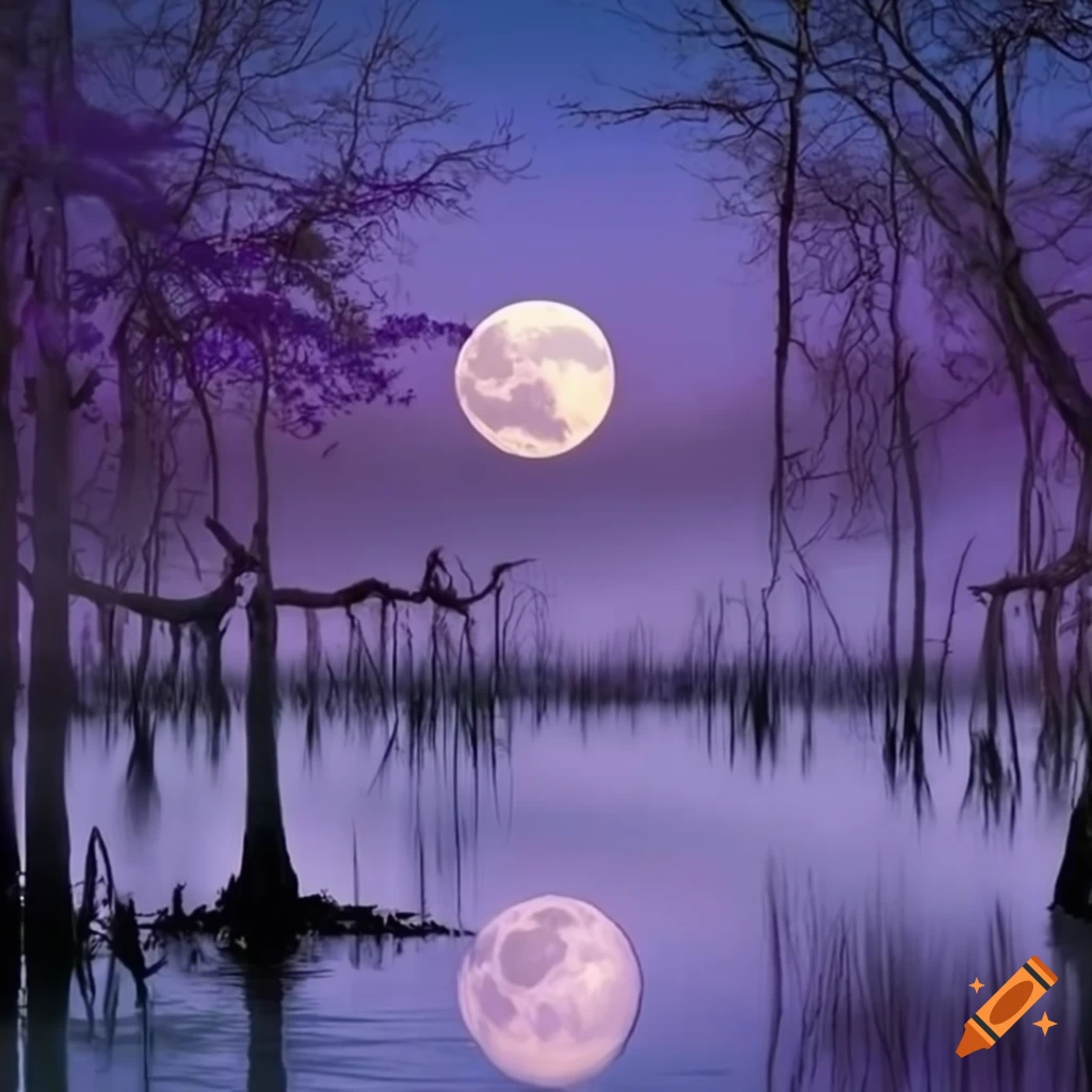 Swamp lake of the rising moon, foggy night, purple tree in front of ...