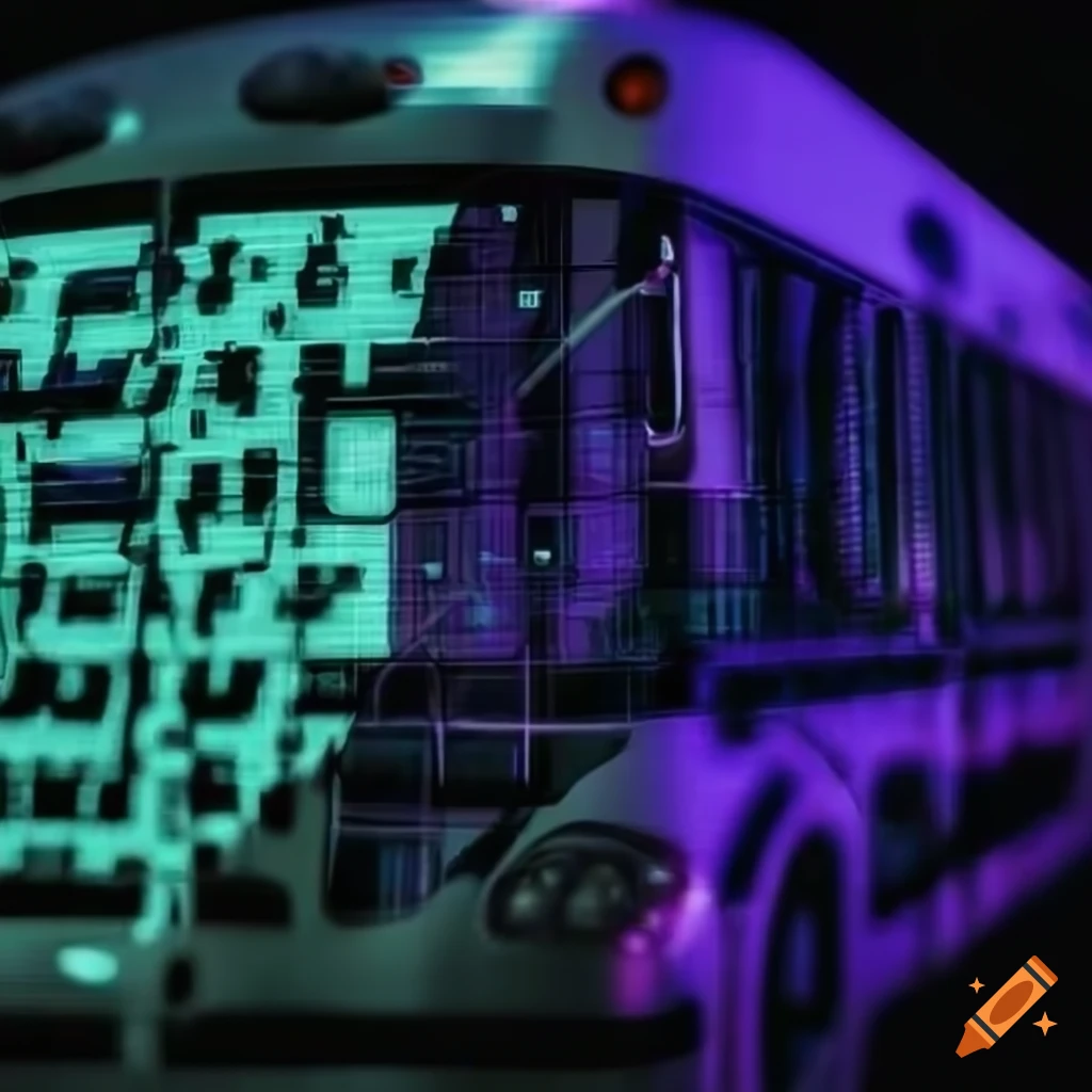 Retro bus with a futuristic matrix-inspired text effect on Craiyon