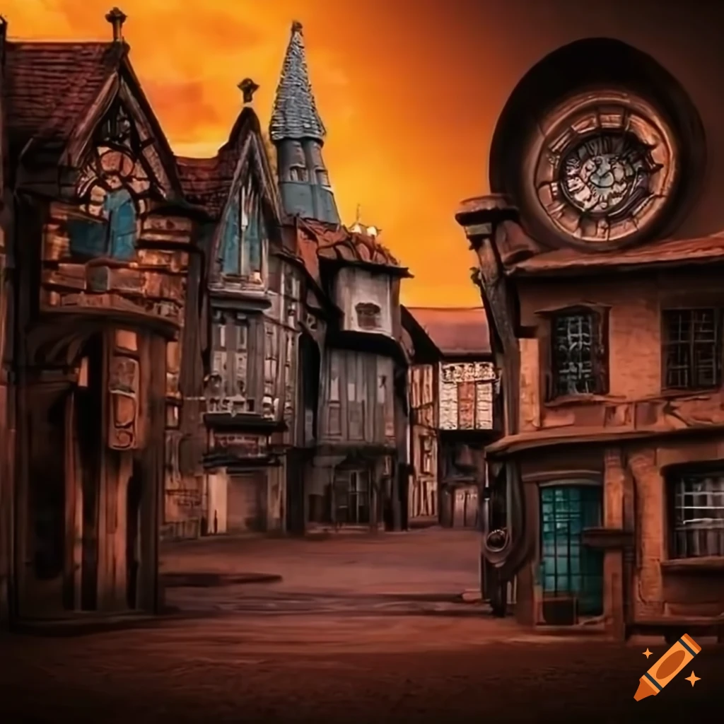 Street view of charming clockwork city with whimsical gnomish ...