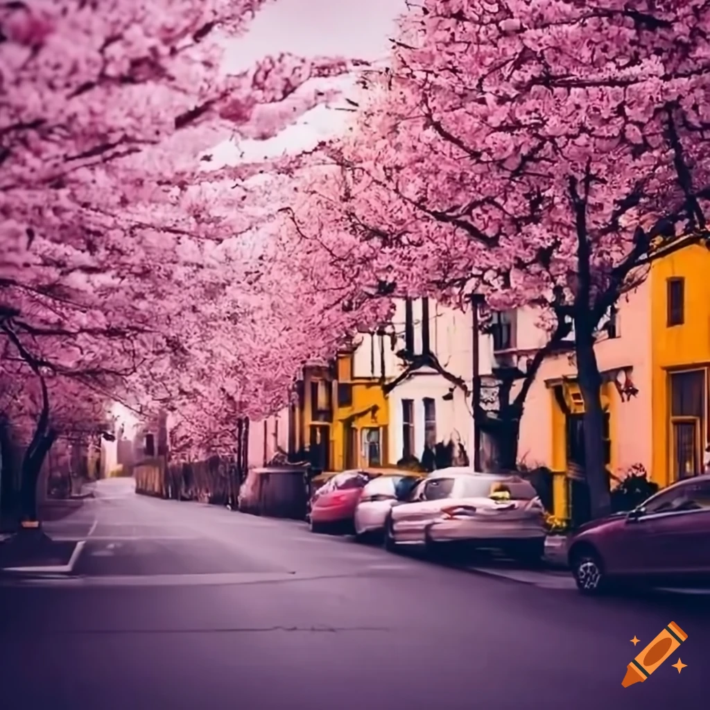 Street with houses cherry trees in blossom on Craiyon