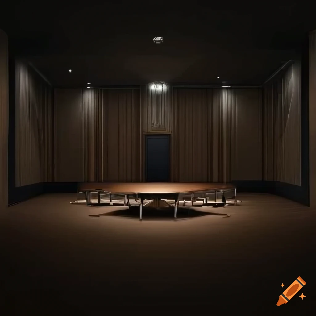 Large meeting room in a high fantasy setting. multiple chairs, a wooden ...