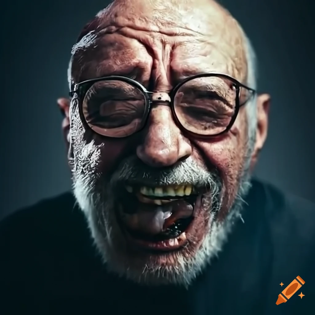 Old bald man wearing glasses screaming at beer, hyper real on Craiyon