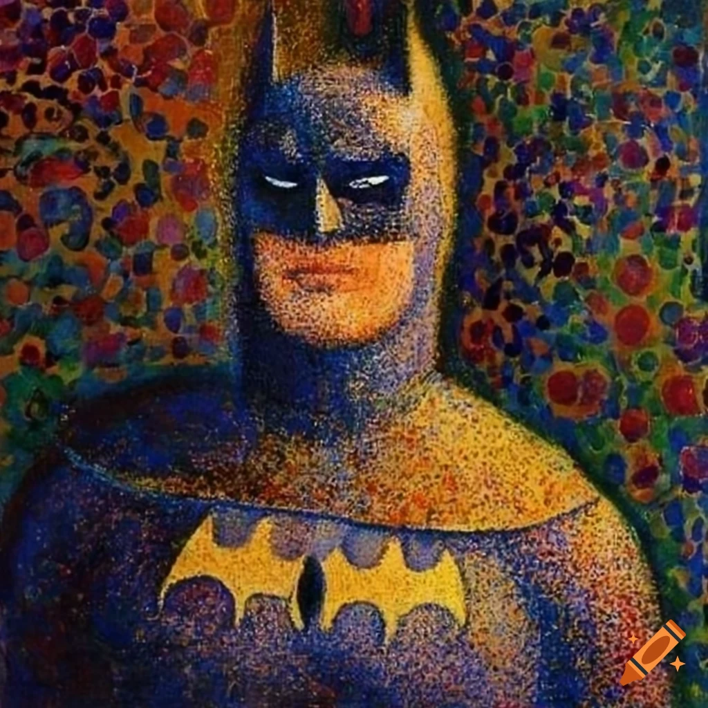 Batman painted by georges seurat, pointillism, 19th century oil painting