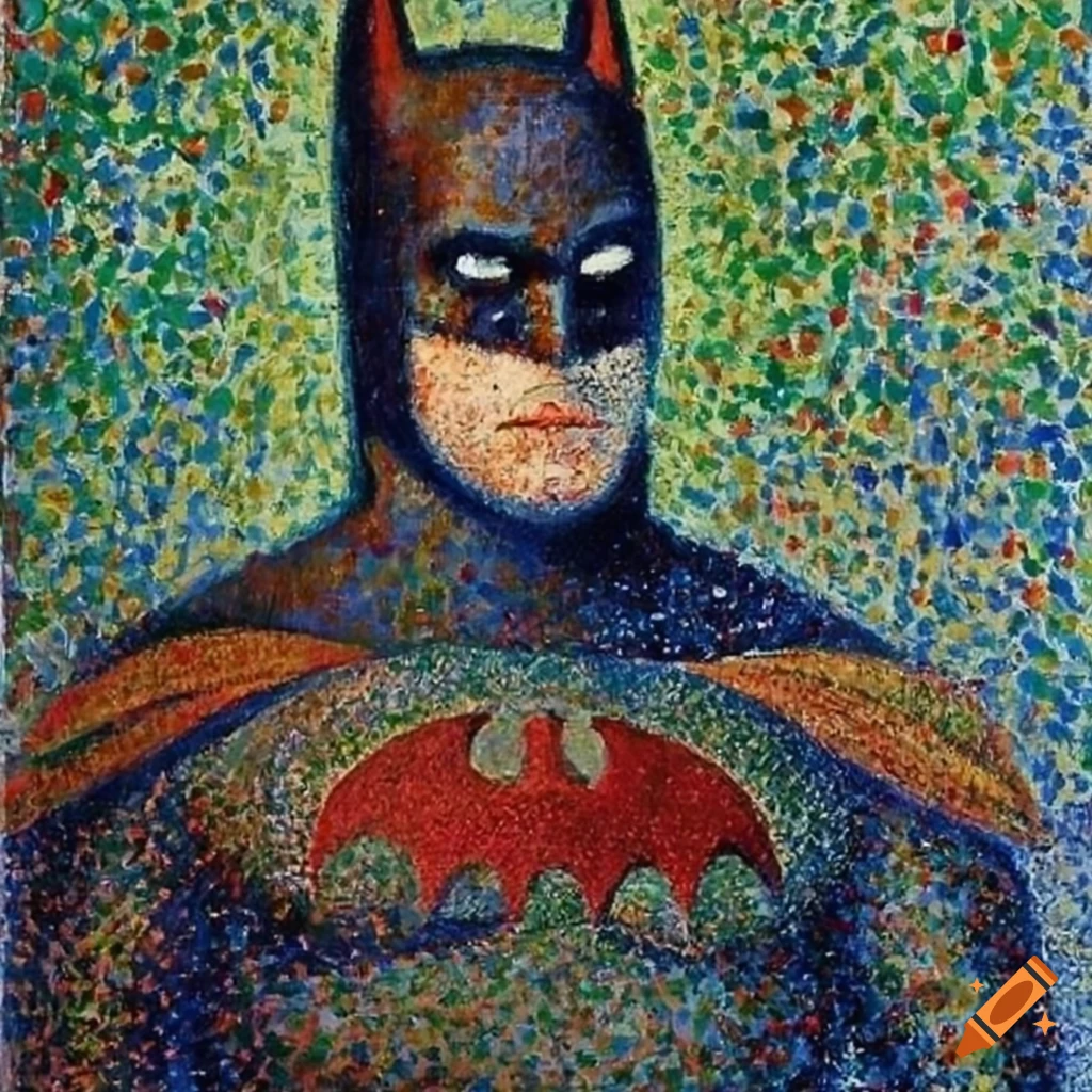 Batman painted by georges seurat, pointillism, 19th century oil painting
