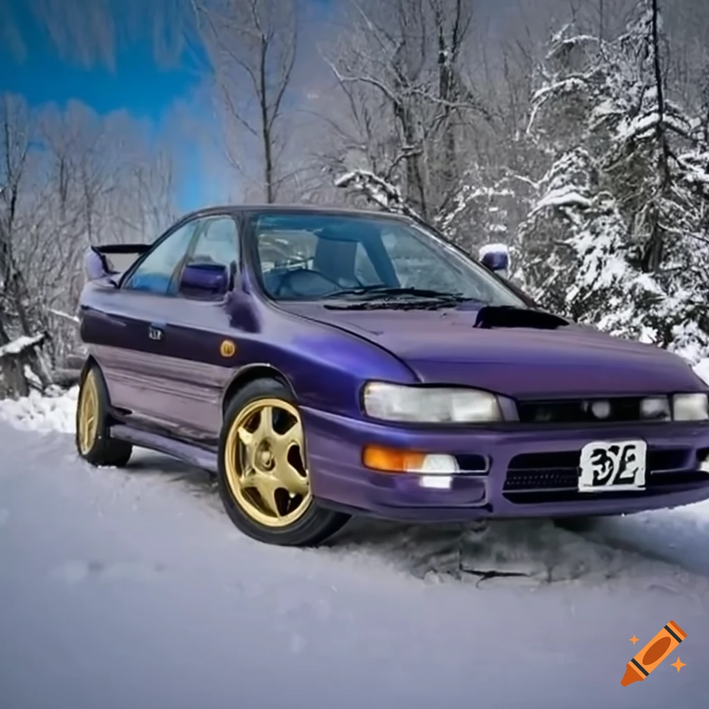A 1996 subaru impreza 555 painted midnight purple driving a snowy hill ...