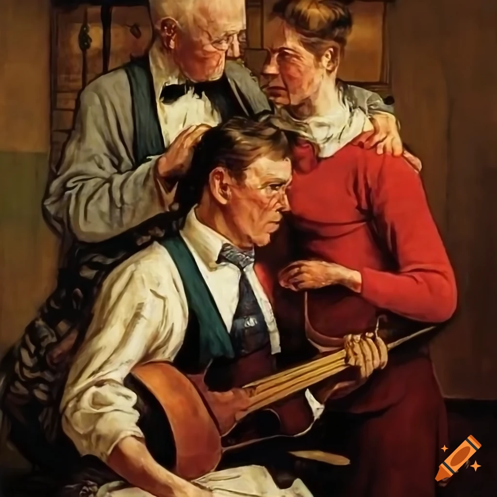 Three musicians in a norman rockwell painting