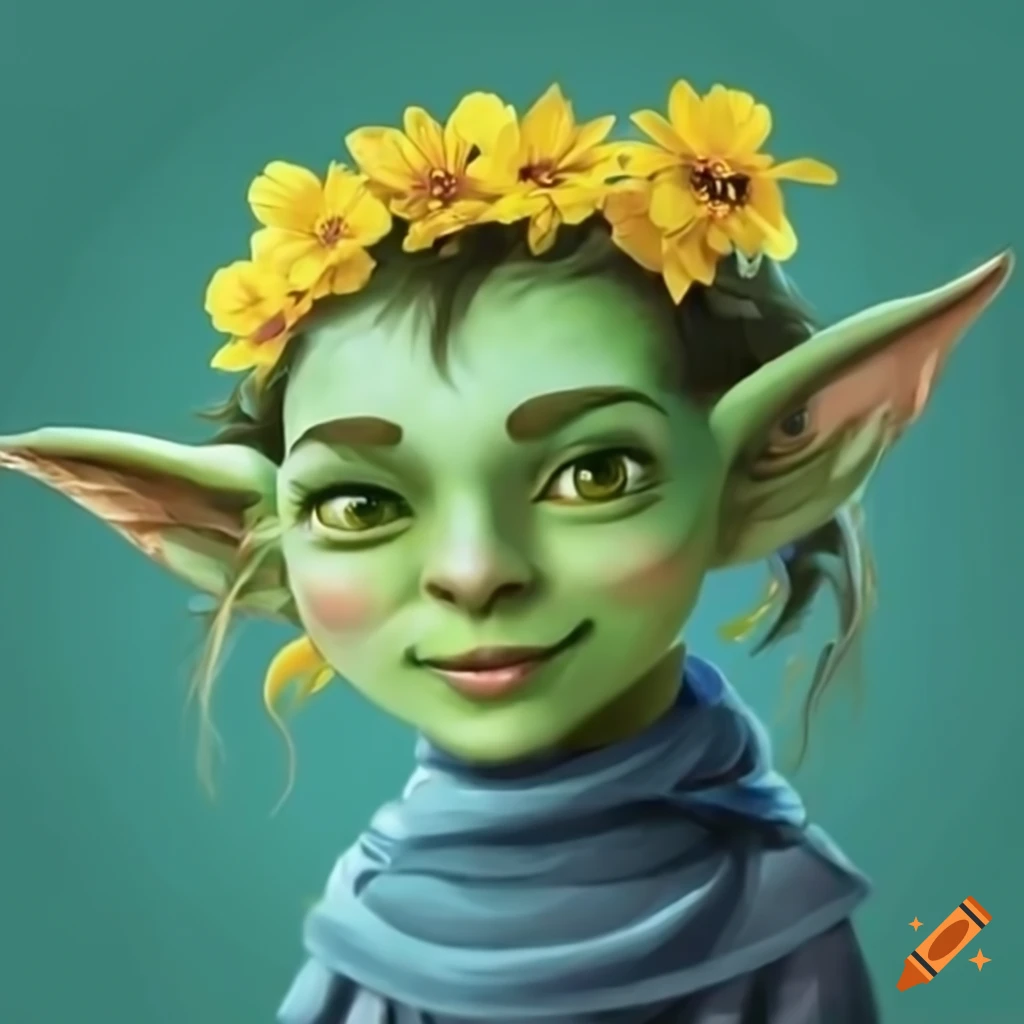 Adorable goblin with a yellow flower in her hair and a shy smile on Craiyon