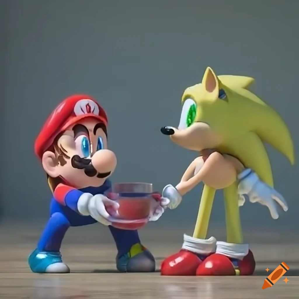 Super mario and sonic the hedgehog drinking water and wrestling on Craiyon