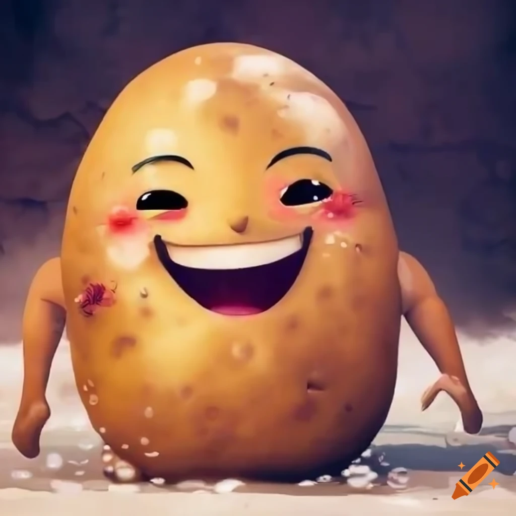 A smiling potato in a hot spring bath in japanese animation style on ...