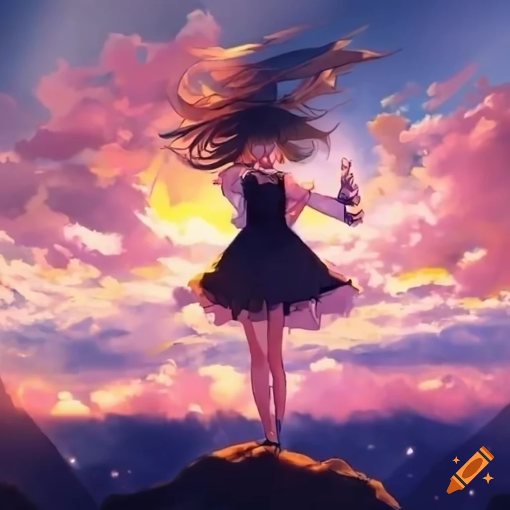 Anime girl levitating in the sky, golden hour on Craiyon