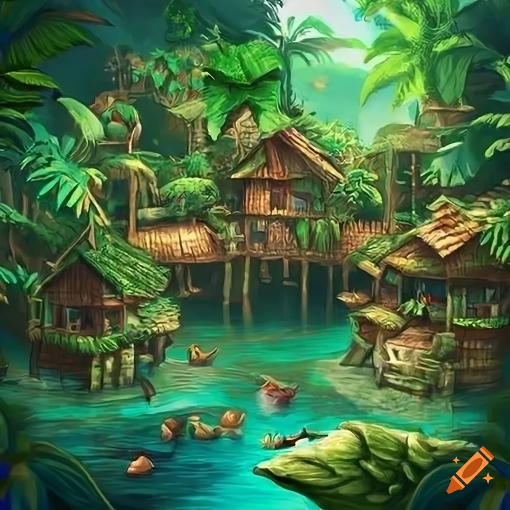 Tropical rainforest village farmers fantasy art on Craiyon