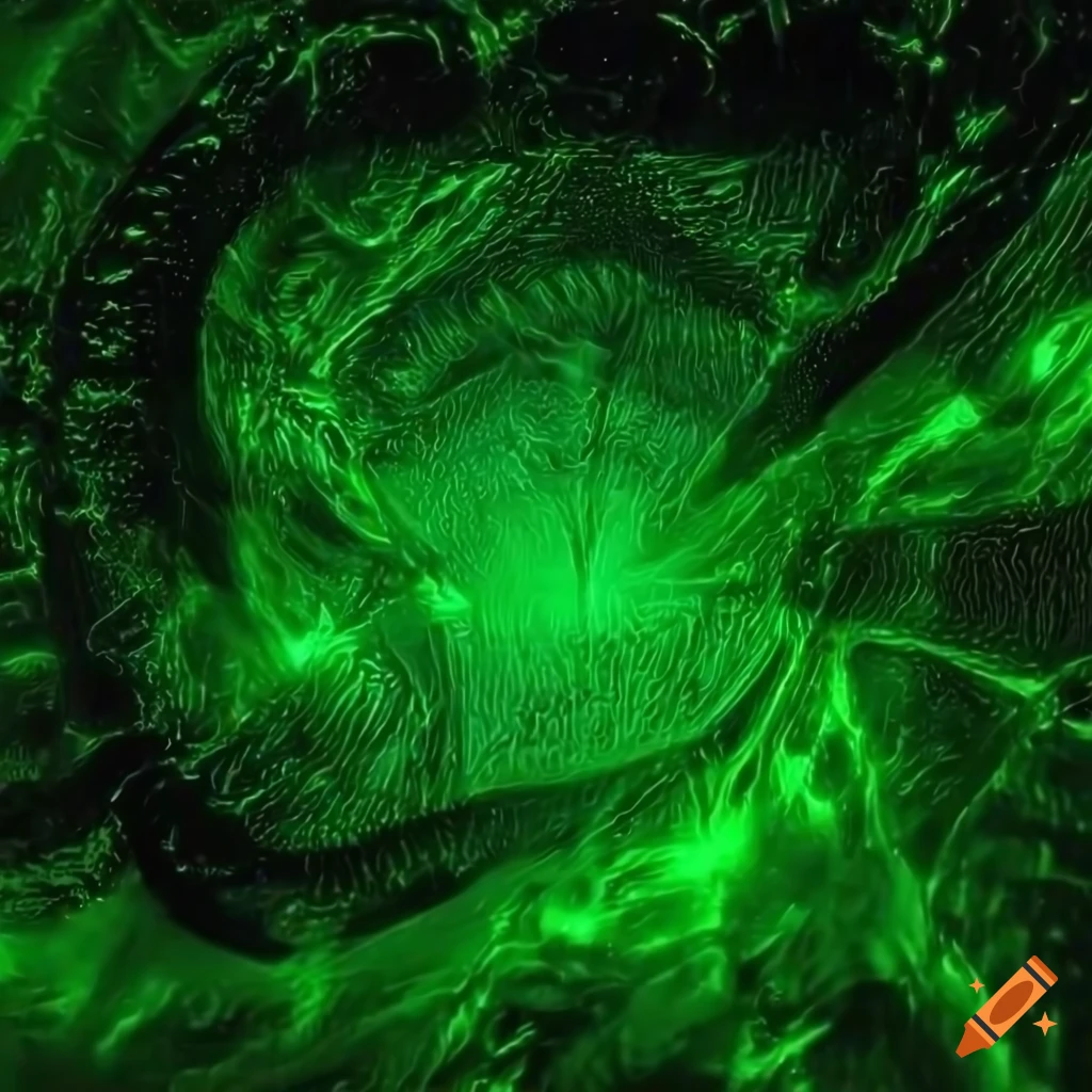 A black void with an abstract emergent ambient green anthropomorphic AI ...