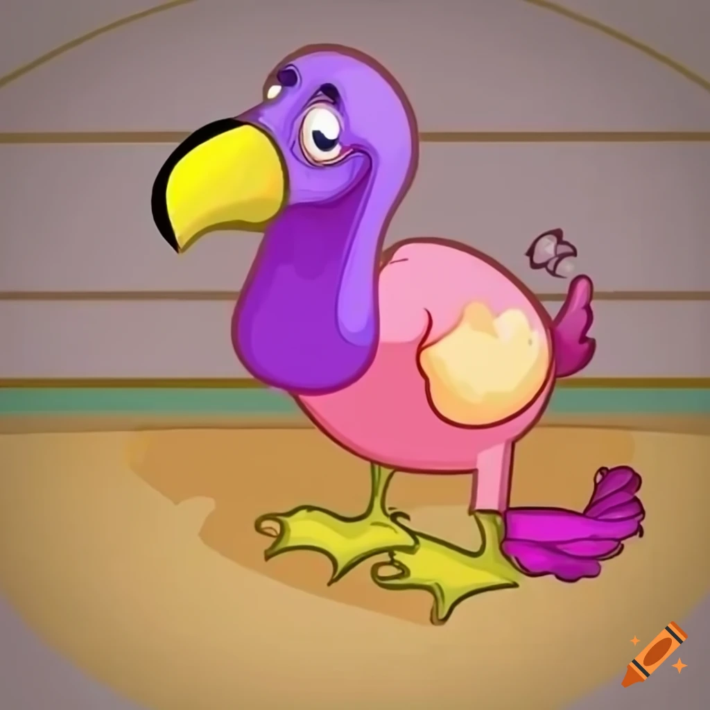 Big pink dodo with a long neck and bulgy black eyes and yellow beak ...