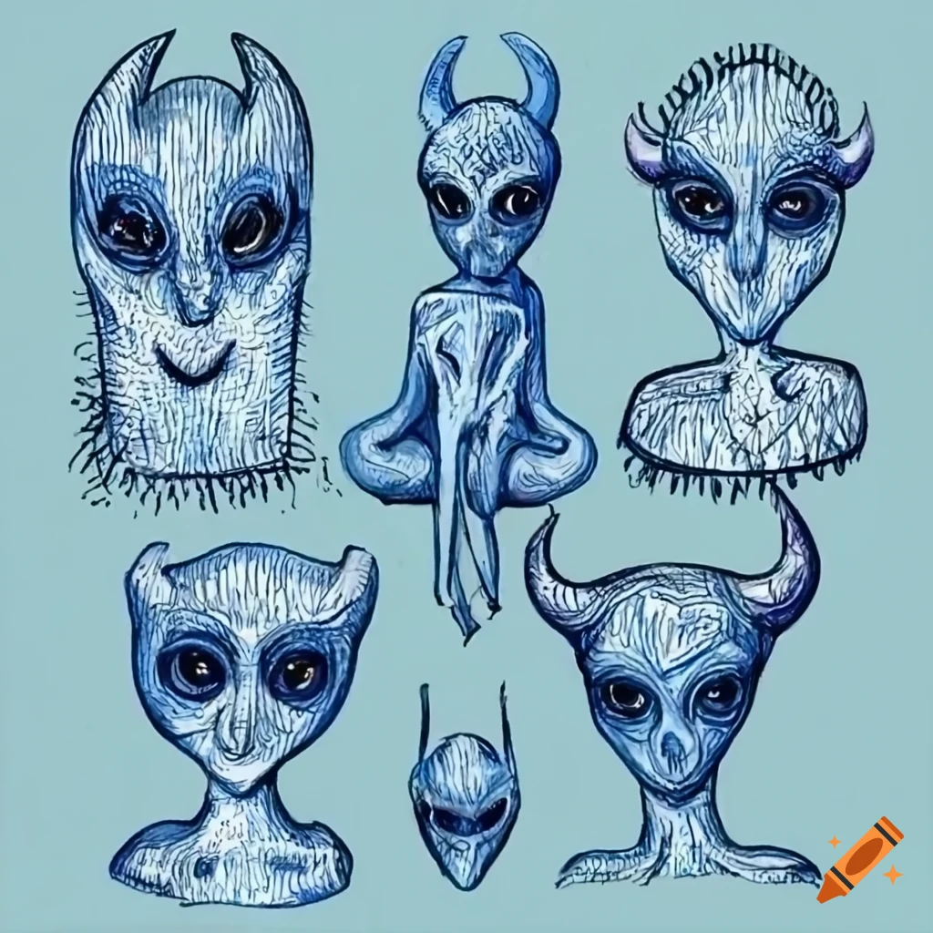 BLUE ALIENS WITH NO EYES AND A BUNCH OF HORNS ON ITS BACK. SKETCHED IN ...