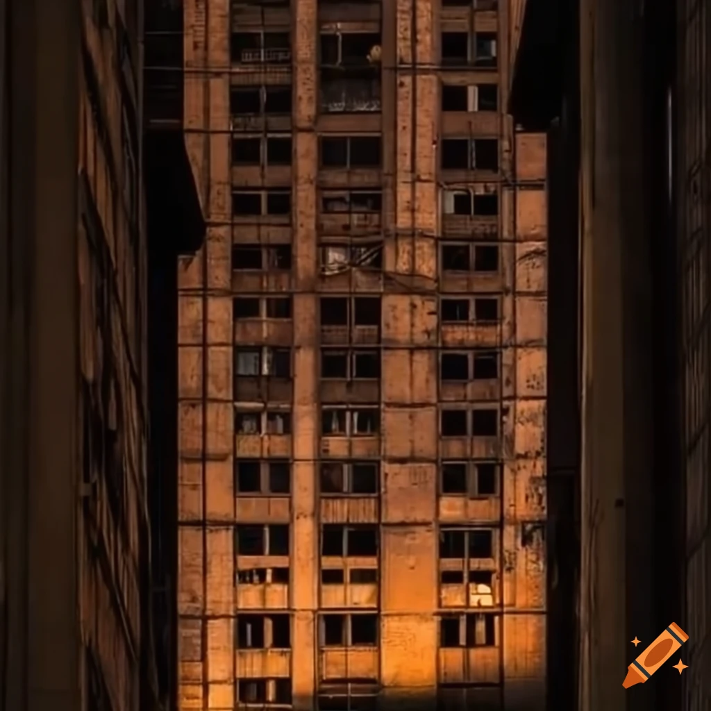 Abandoned skyscraper front with an orange light on Craiyon
