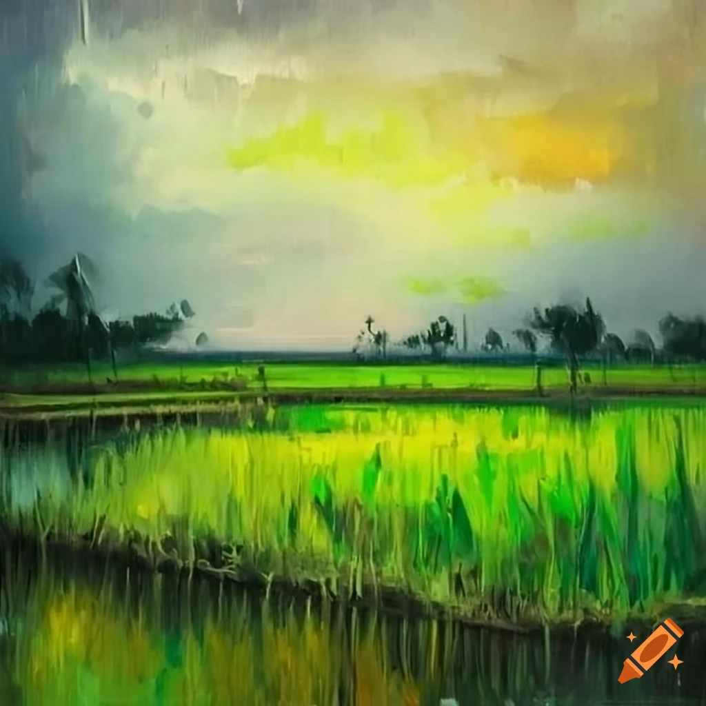 Oil painting landscape of rural rice fields on a rainy summer day on ...