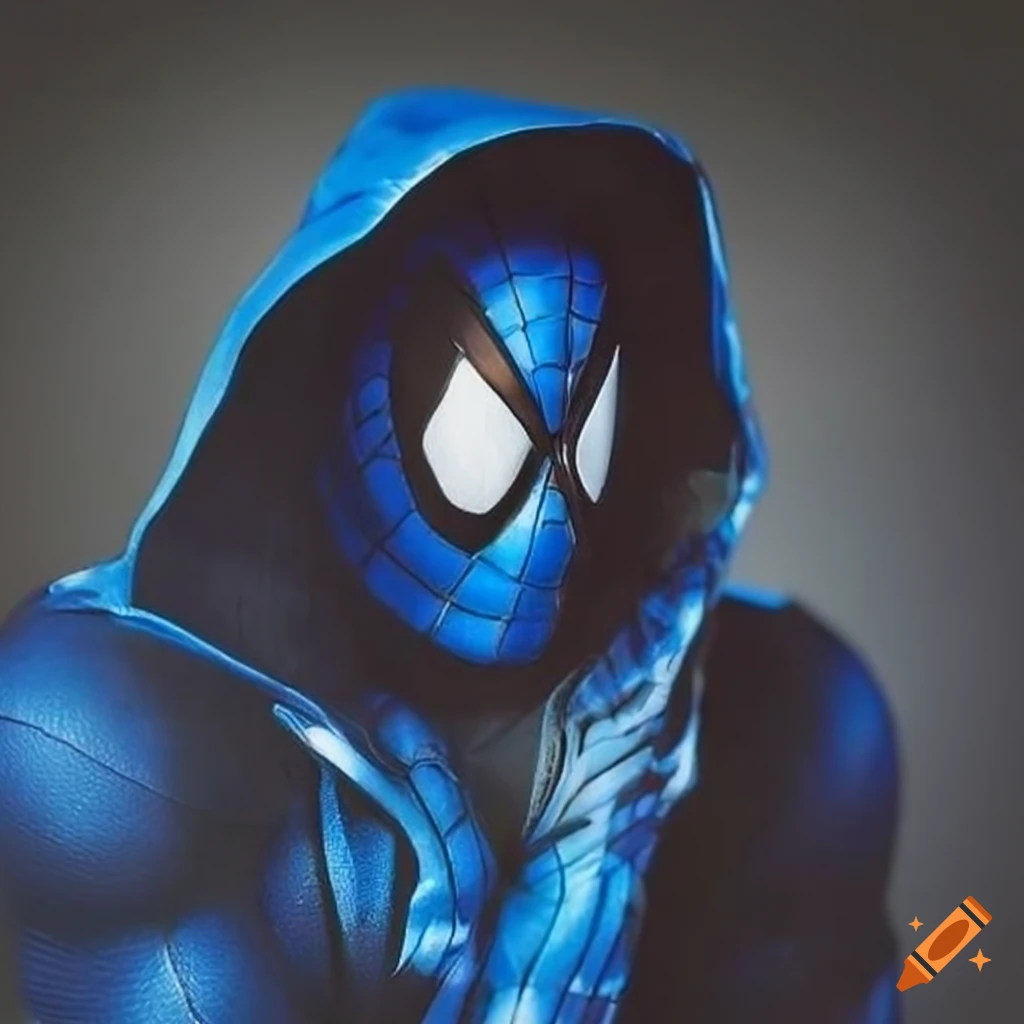 Blue and black spiderman with hood