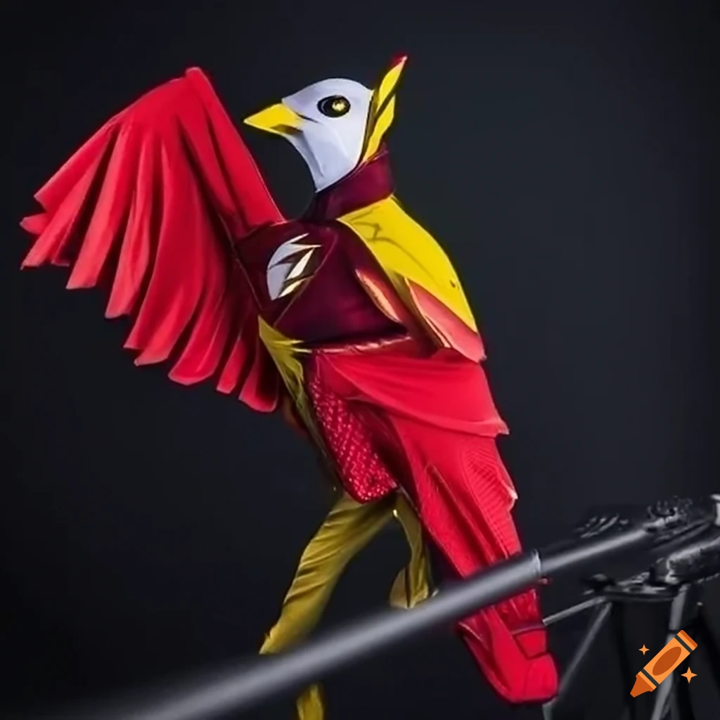 A bird dressed in a dc's the flash costume on Craiyon