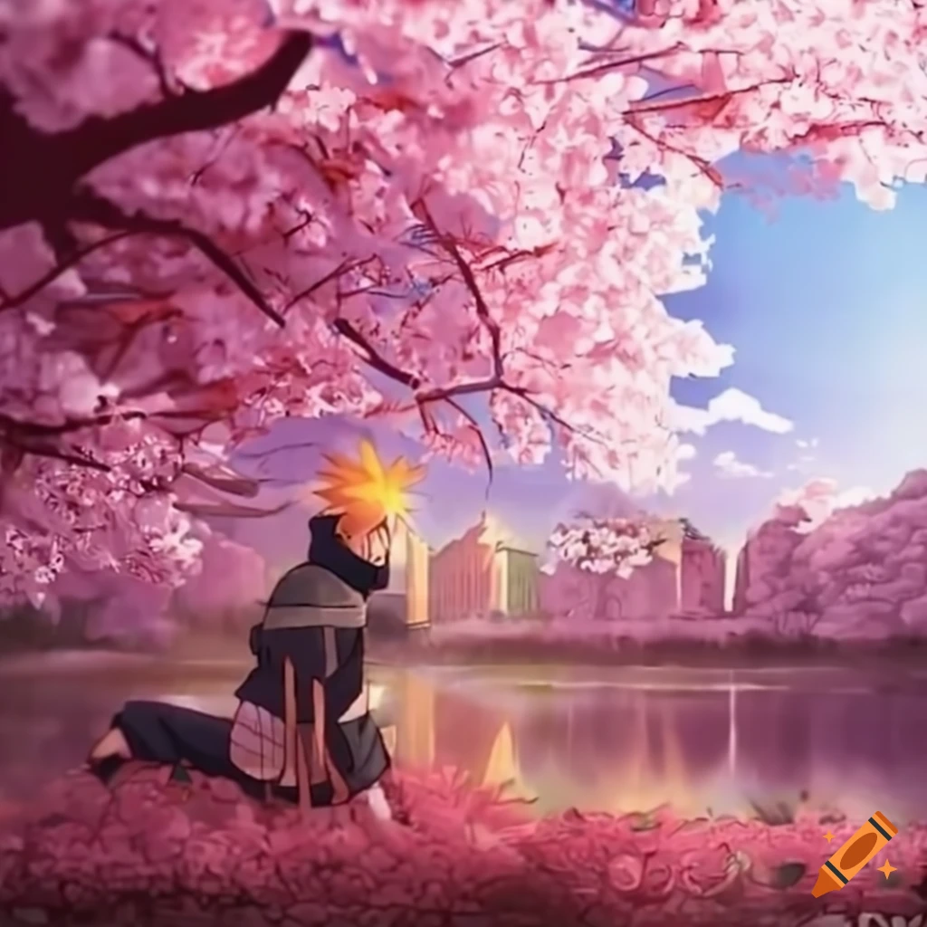 Naruto in front of a cherry blossom tree zoomed out on Craiyon