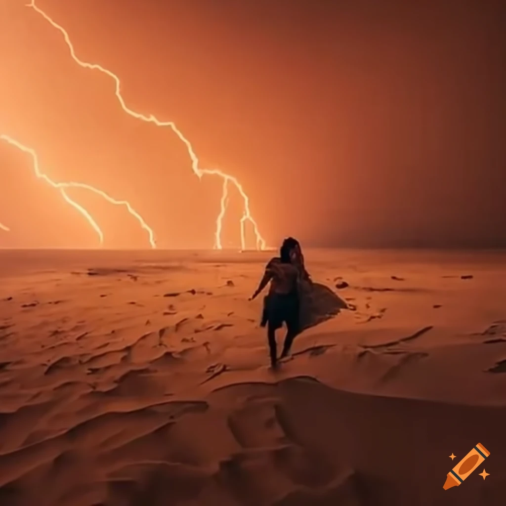 A giant sand storm rises over people running through the desert ...