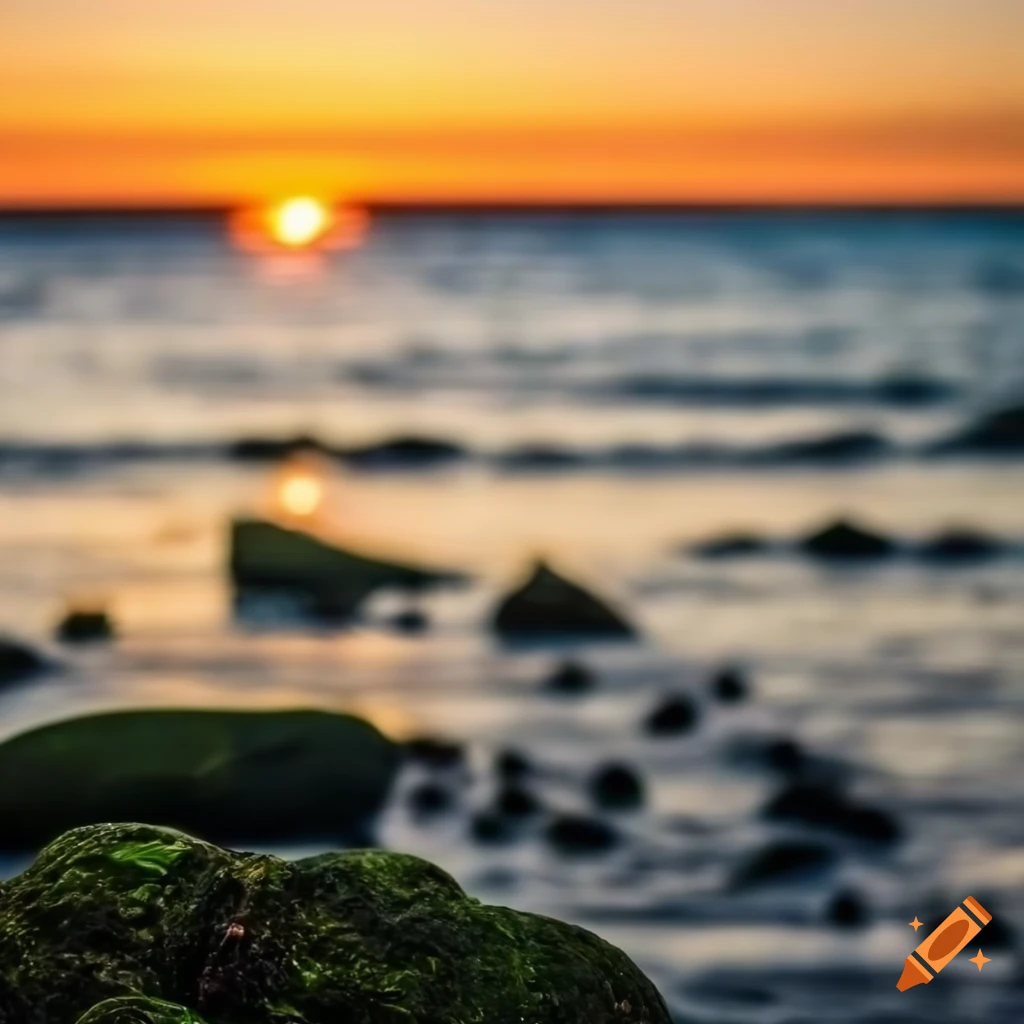 Detail photography waves sunset beach moss stone foreground
