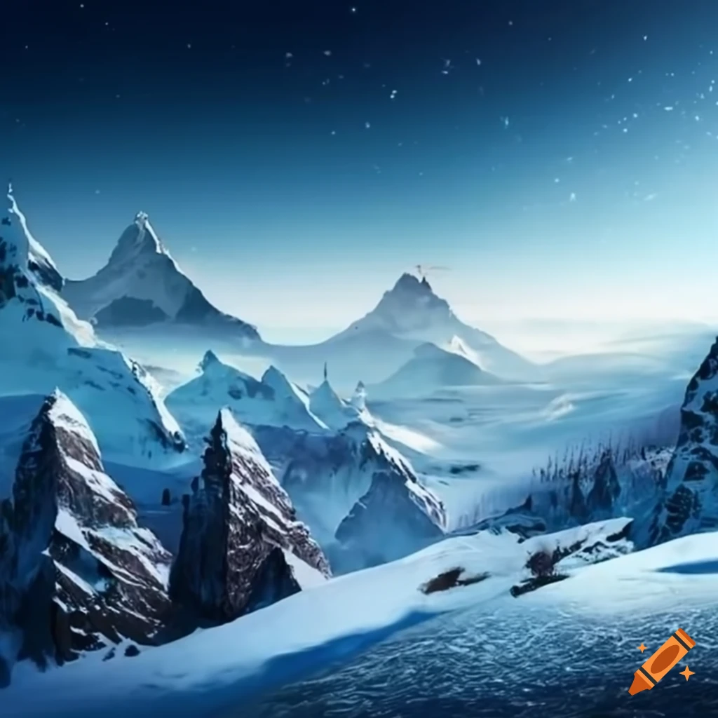 Fantasy land of snowy mountains on Craiyon
