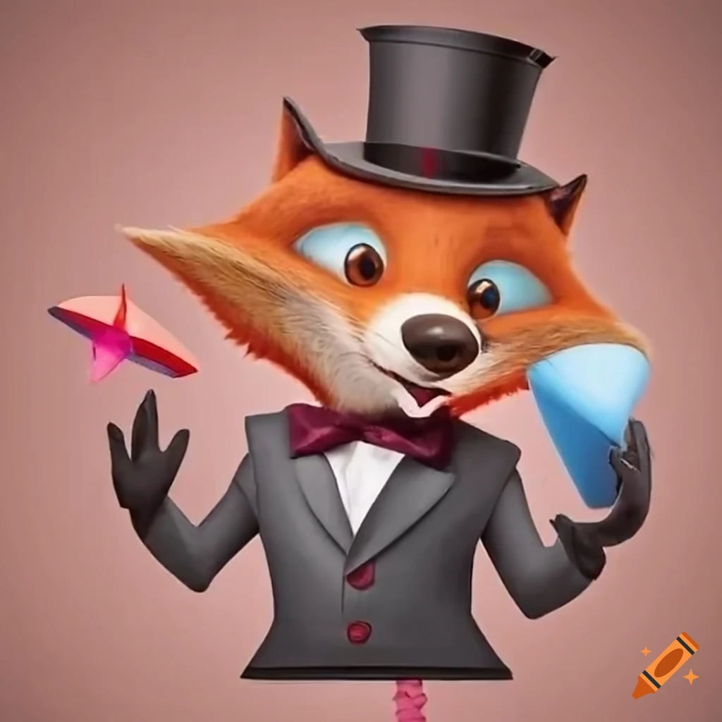 Magician fox wearing a top hat while hosting a magic show for little ...