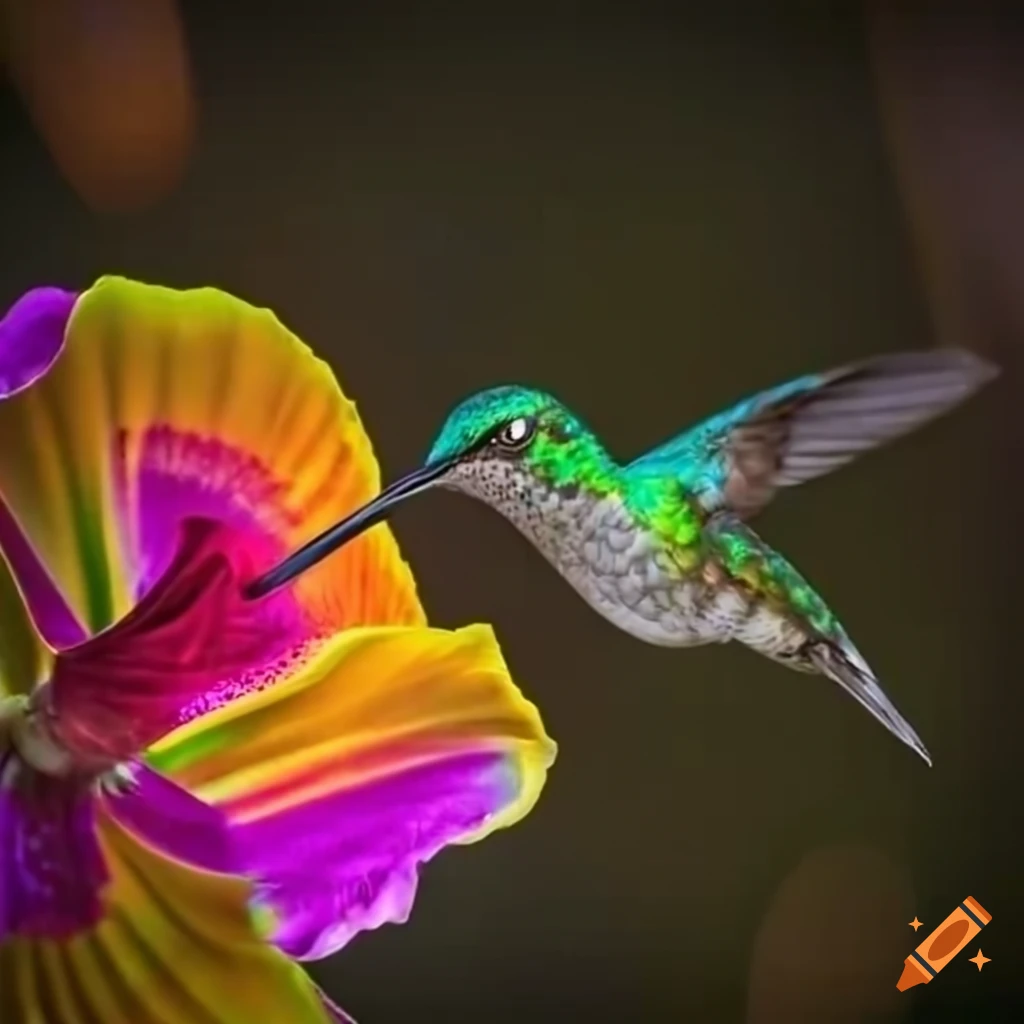 A neon psychadelic hummingbird on a tropical beach feeding from a giant ...