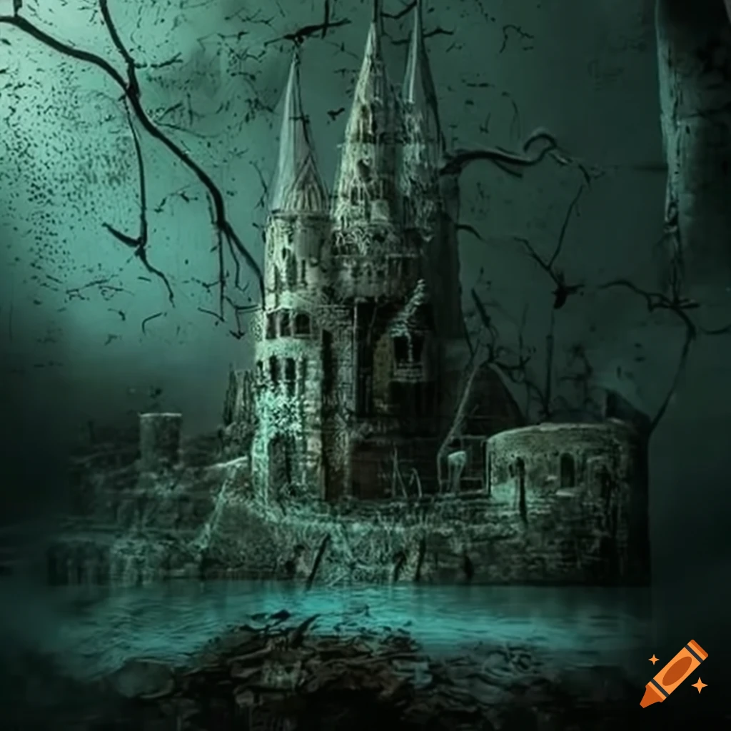 A spooky undead insect water castle adorned with cobwebs