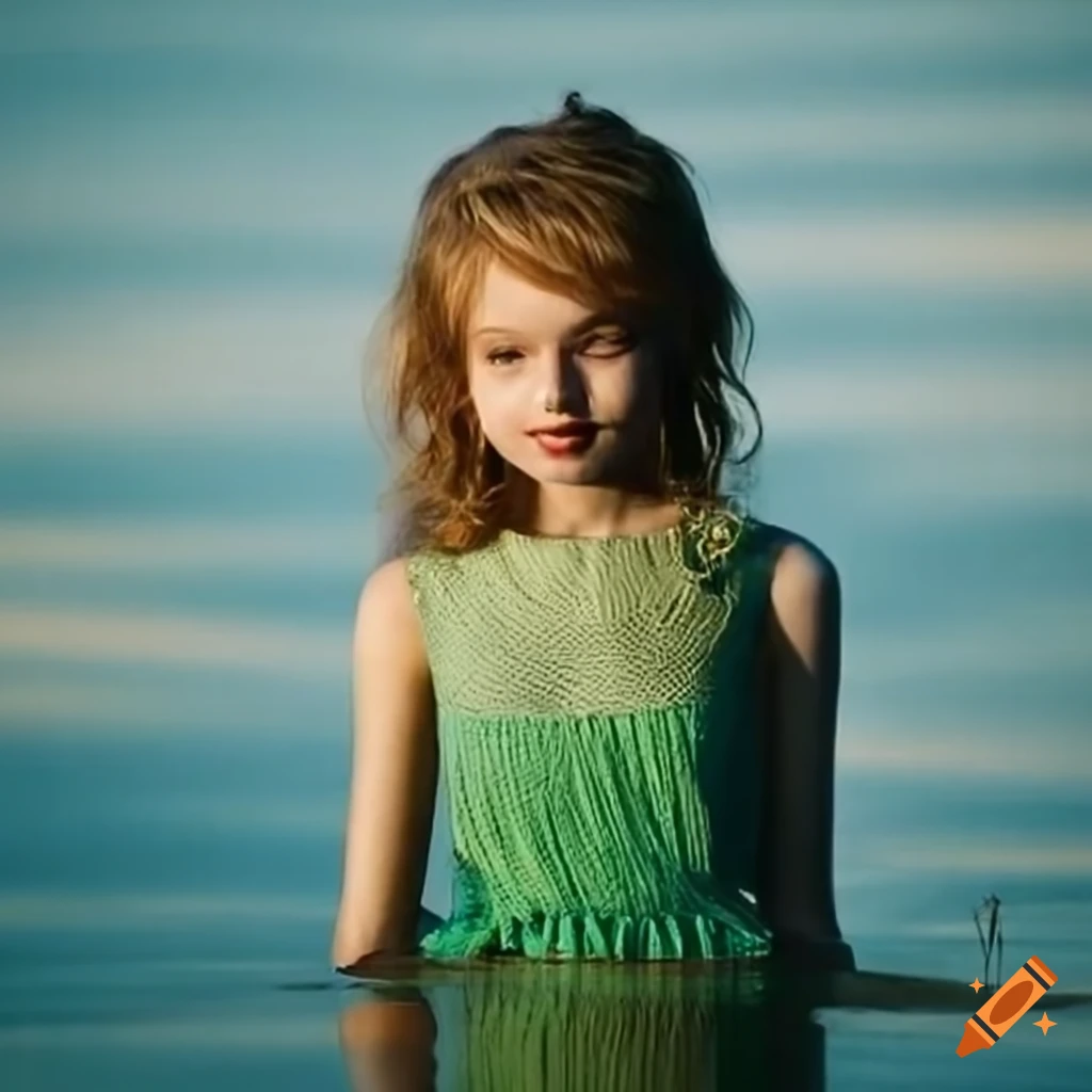 Rhoda Penmark from The Bad Seed in green dress wading in a lake smiling on Craiyon