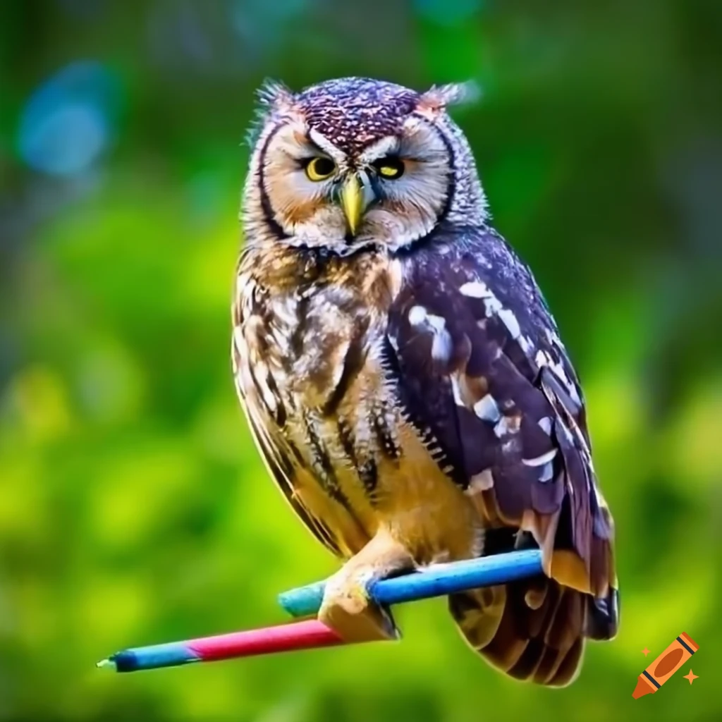 A wise owl perched with a pencil amidst vibrant colors