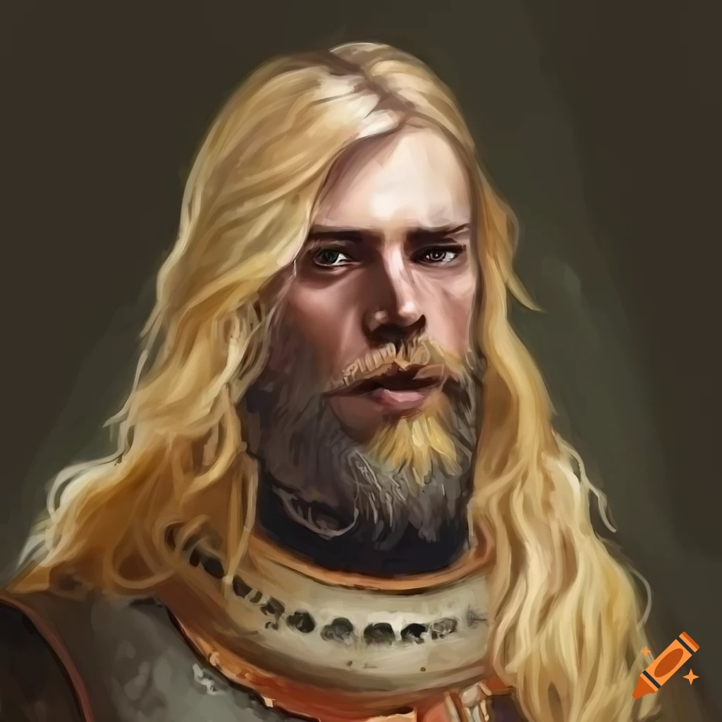 Painting of a medieval knight with scaly skin, blonde long hair and a ...