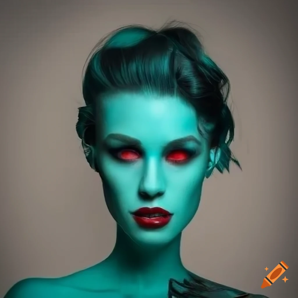 A venomous woman with teal skin, red eyes, and black hair. Her hair is ...
