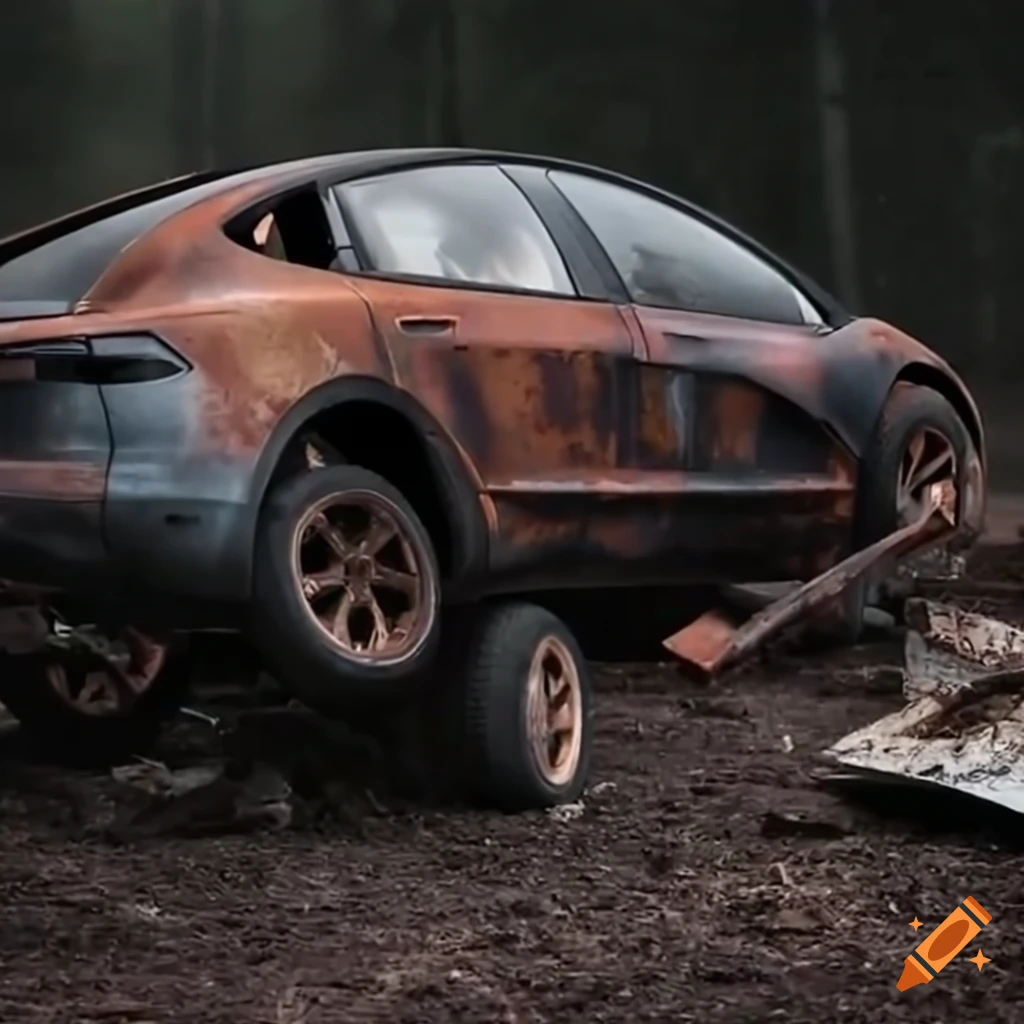 Several burned out rusted broken Tesla's model 3 engulfed by Red ...