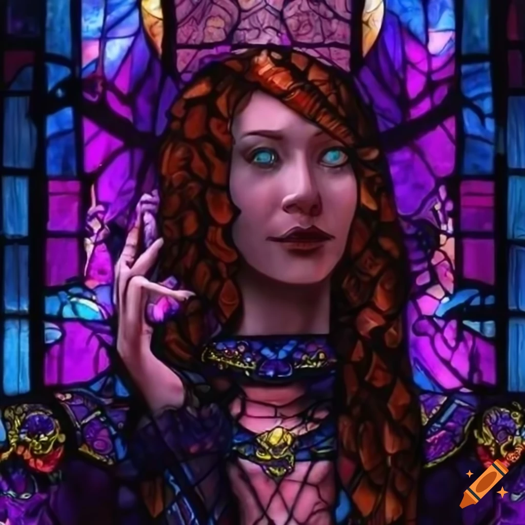 Vibrant stained glass art depicting powerful female magic user in d&d