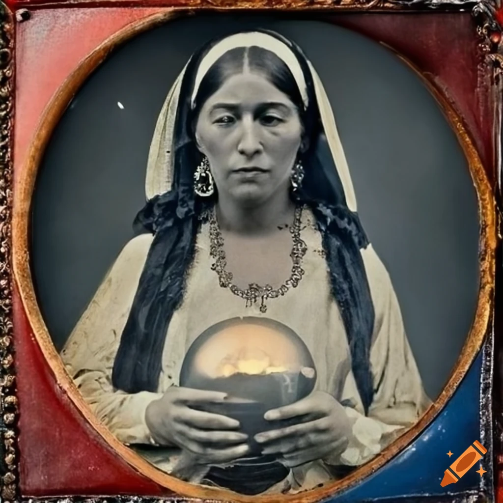 Daguerreotype portrait of a Hungarian Gypsy fortune teller with closed eyes , gazing into a ...