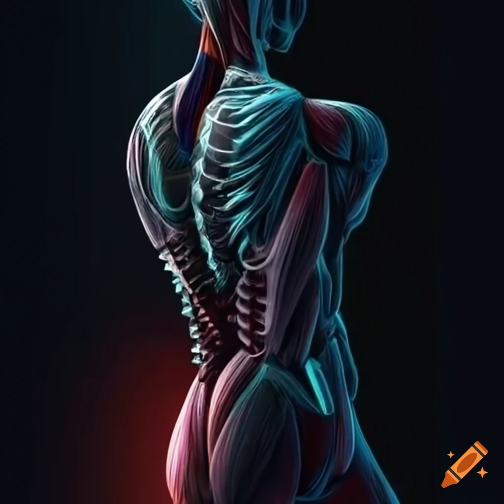Futuristic abstract artwork depicting mechanical back muscles in motion