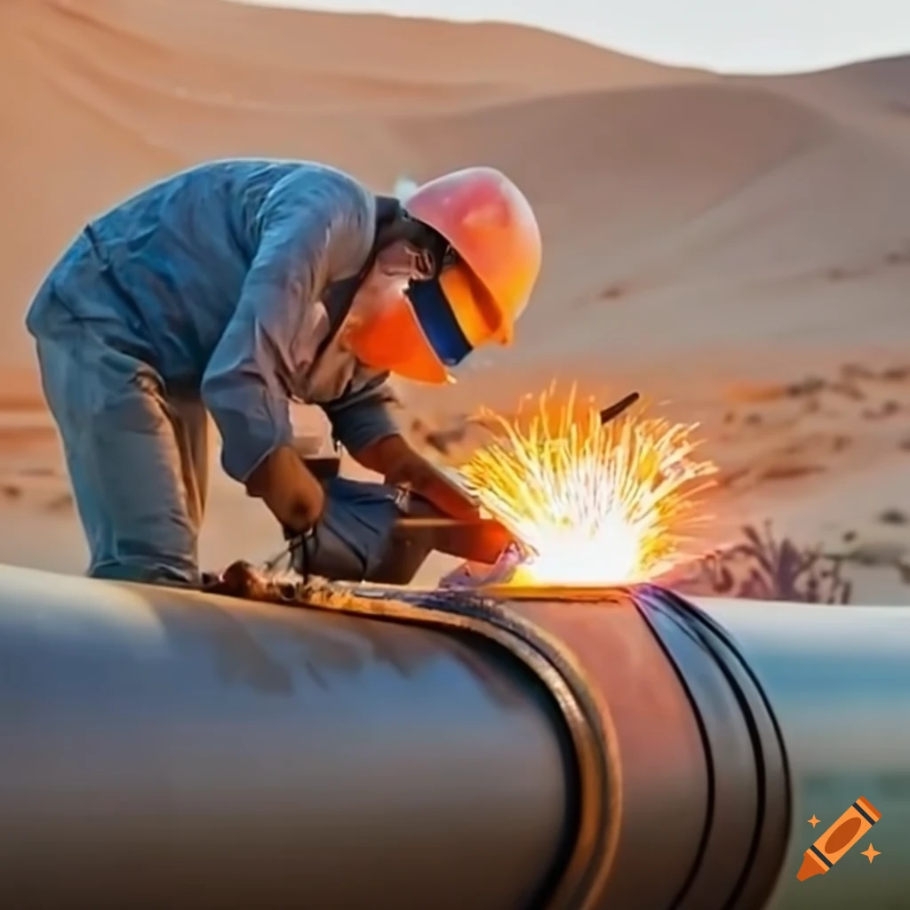 Engineer with mask on face welding the pipeline in desert