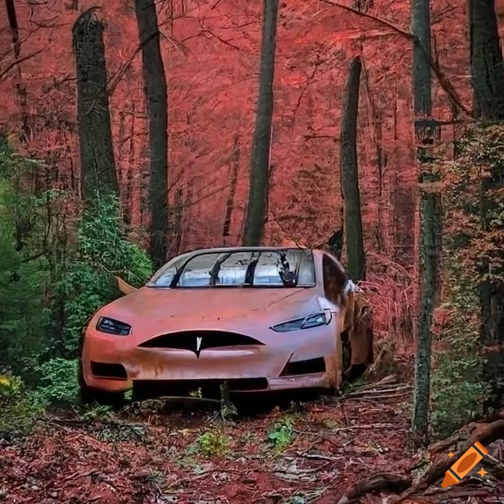 Many abandoned and rusted tesla cars engulfed by red nature, surrounded ...
