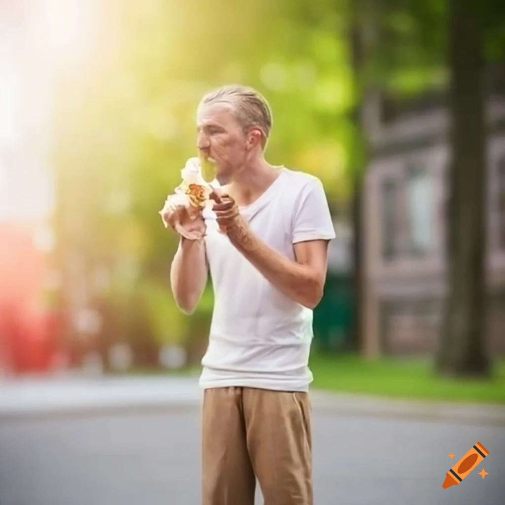 Man eating ice cream cone, full length portrait